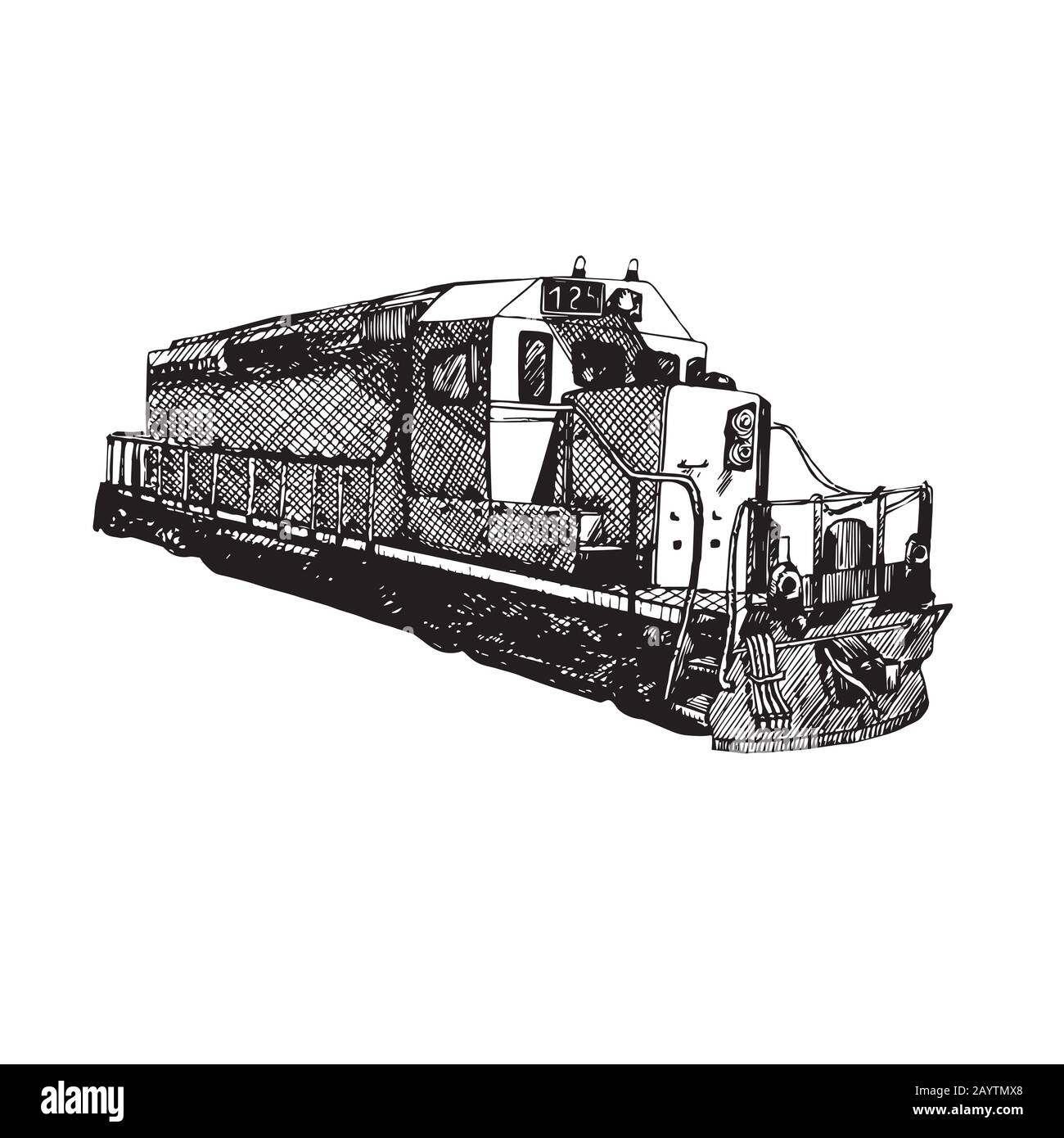 Diesel train, hand drawn doodle sketch, isolated outline illustration ...