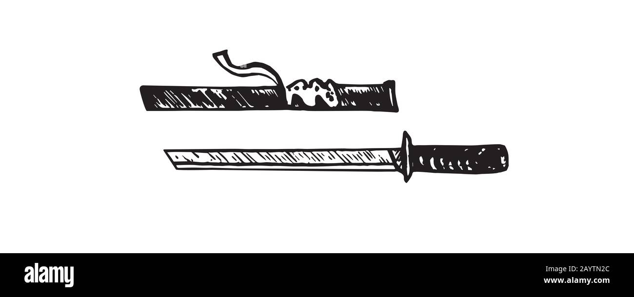 Tantō (short Japanese sword) and scabbard, hand drawn doodle sketch ...