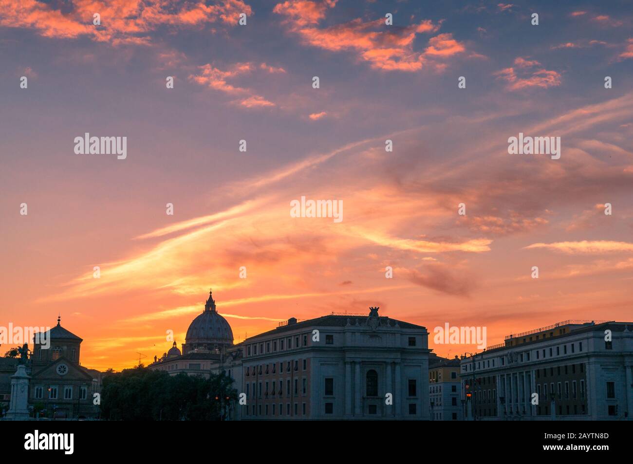 Rome historic city centre view at sunset with St Peters Basilica dome ...