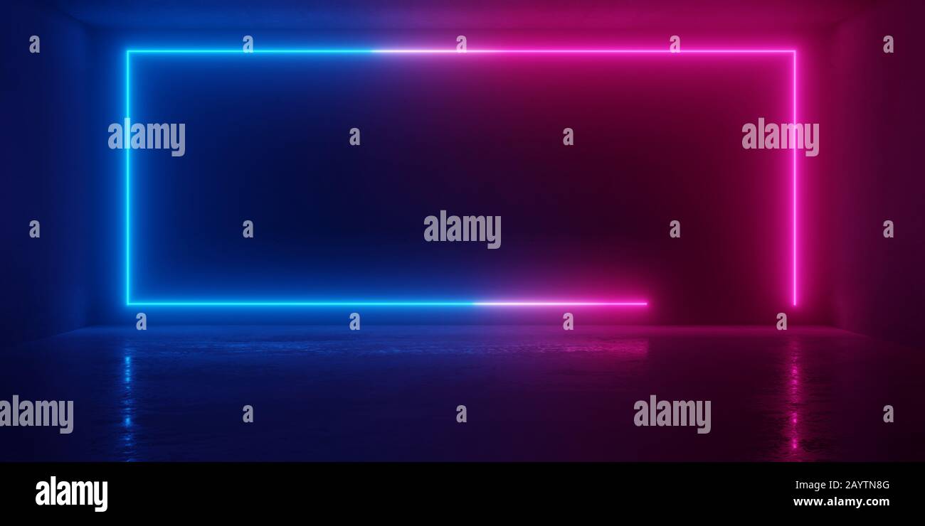 Abstract blue and red glowing neon light rectangle in empty concrete ...