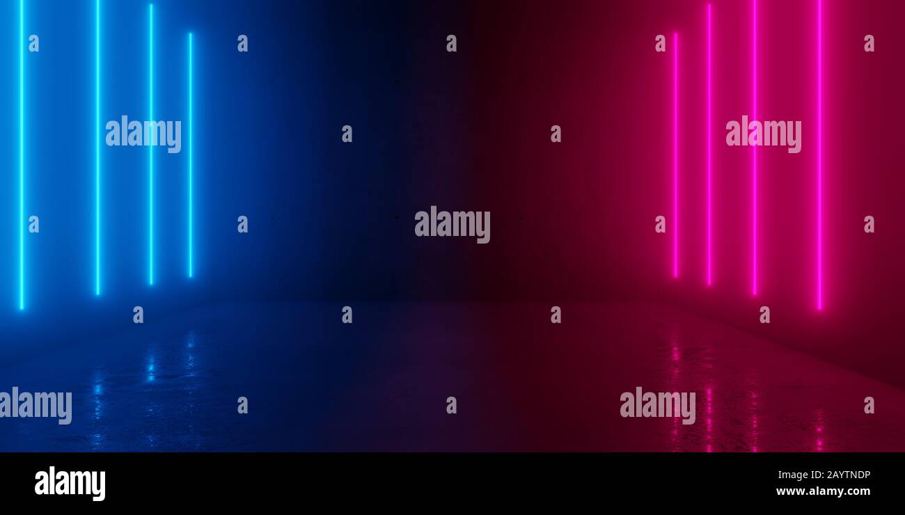 Abstract blue and red glowing neon light tubes in empty concrete room ...