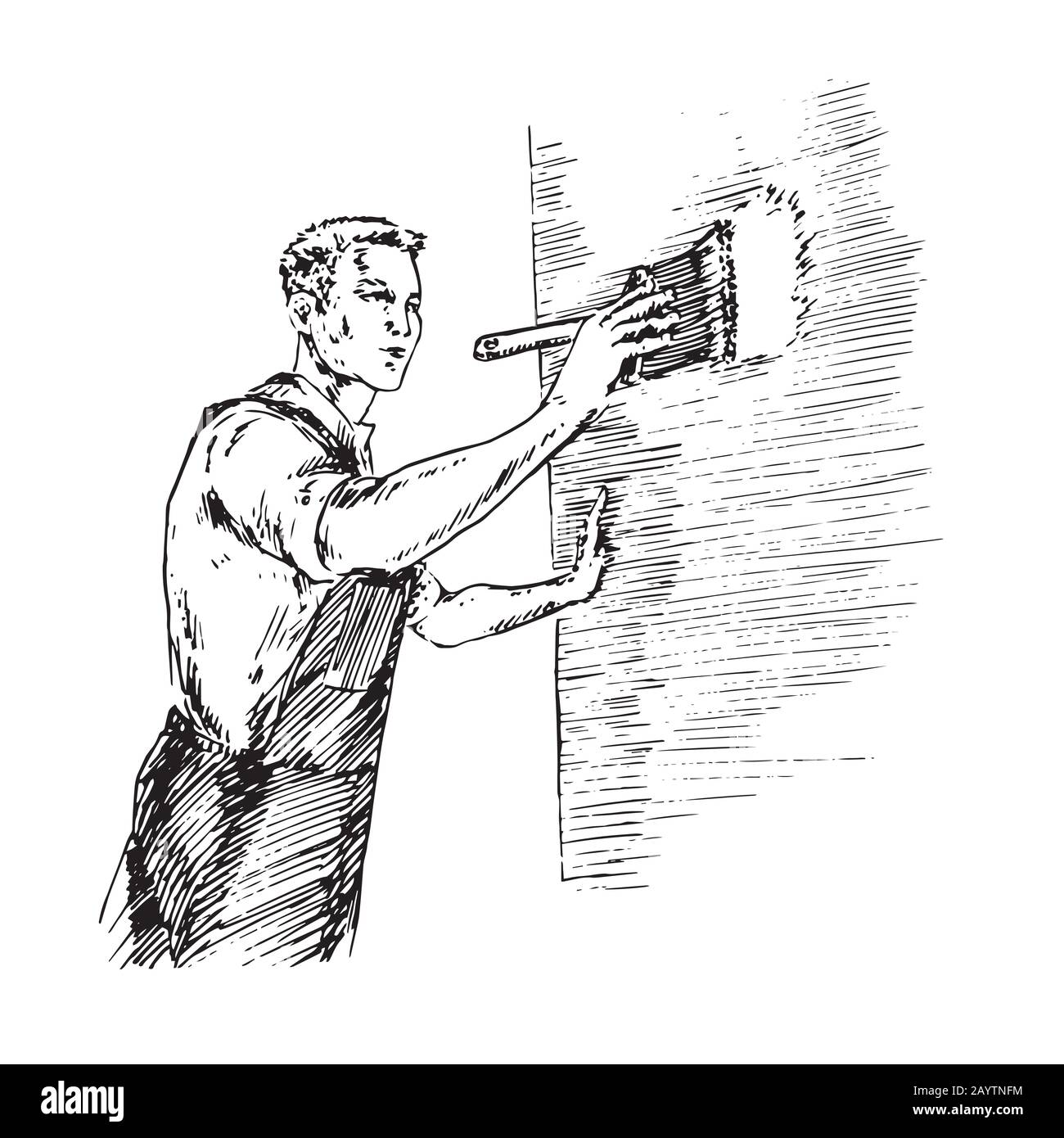Painter working, holding big brush with paint, hand drawn doodle ...