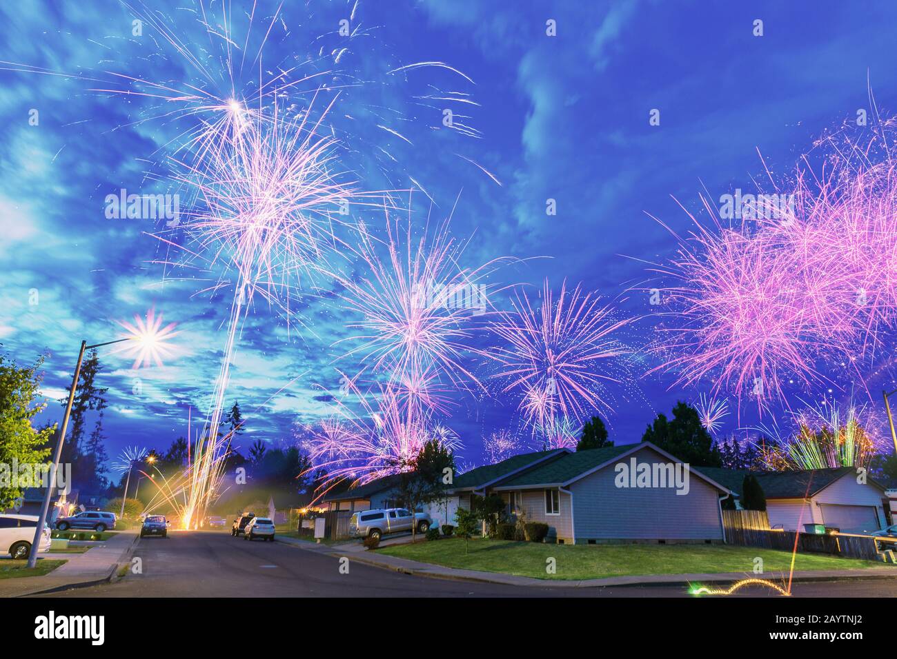 Fireworks at night in the neighborhood, 4th of July celebration Stock ...