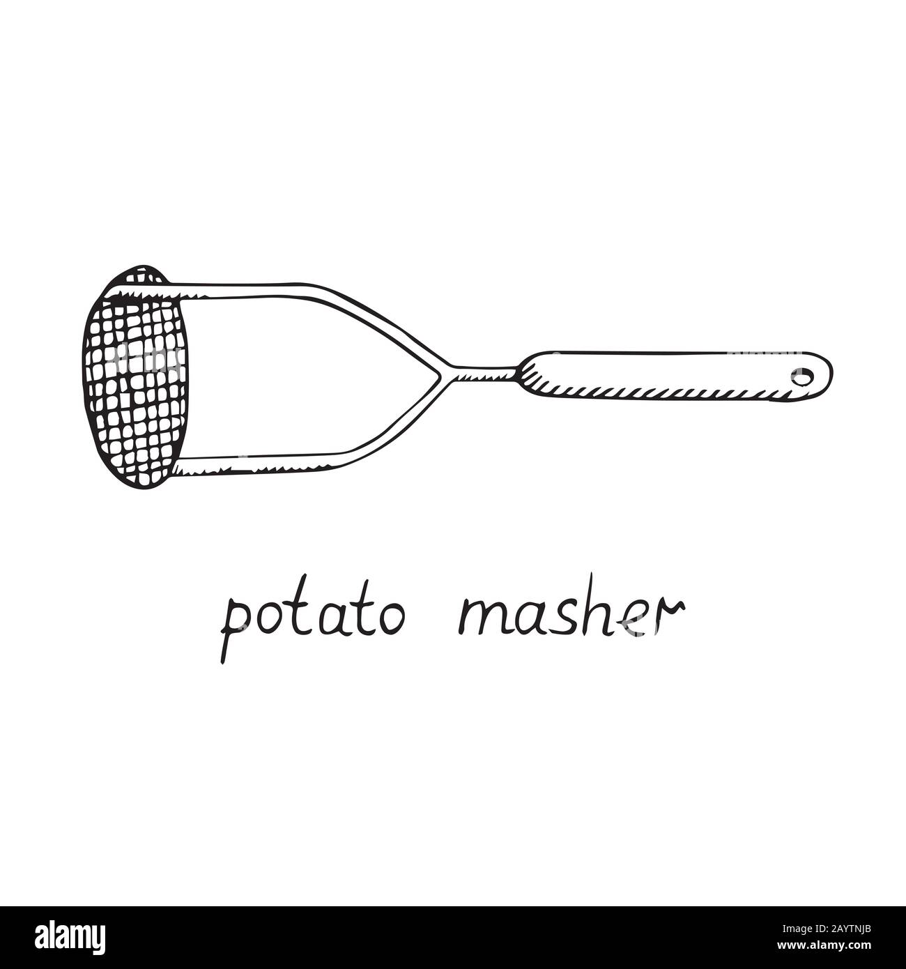 Potato masher, hand drawn doodle sketch, black and white illustration ...