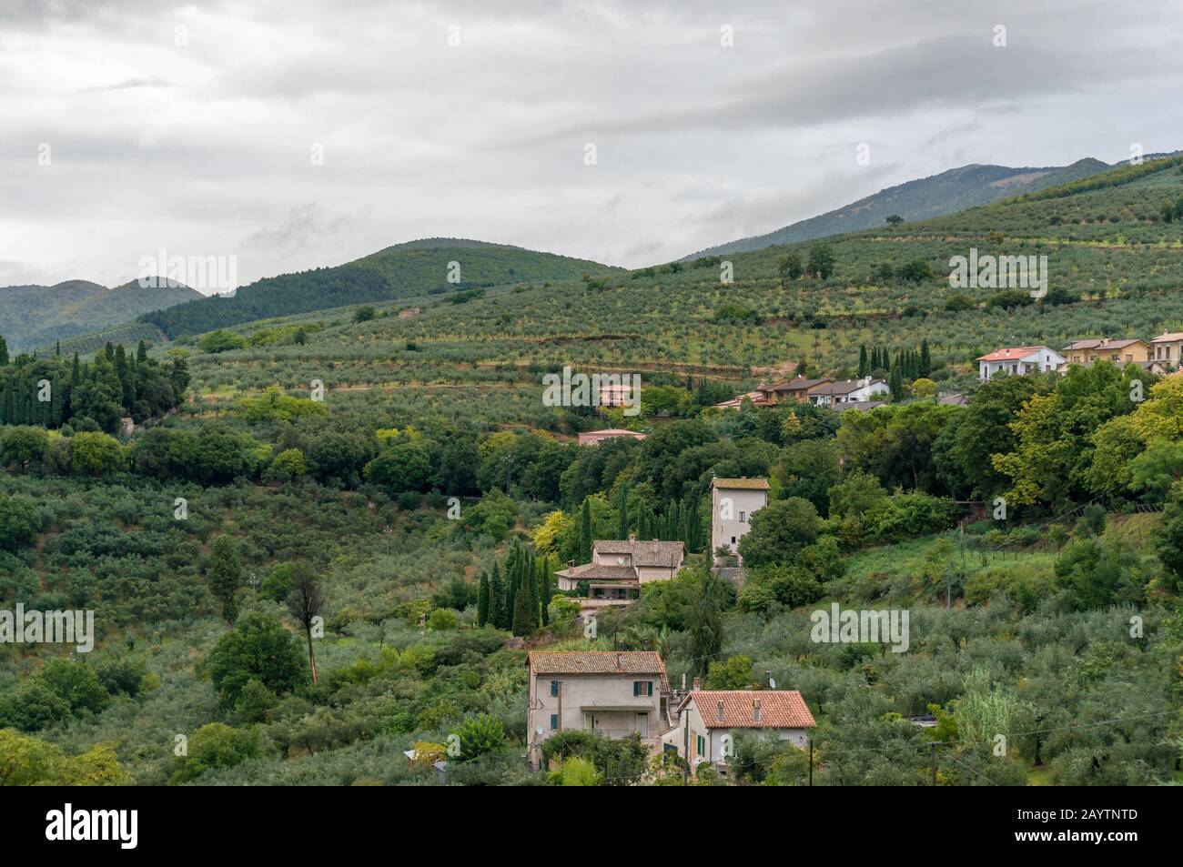 Italian countryside landscape with residential houses and farmland with ...