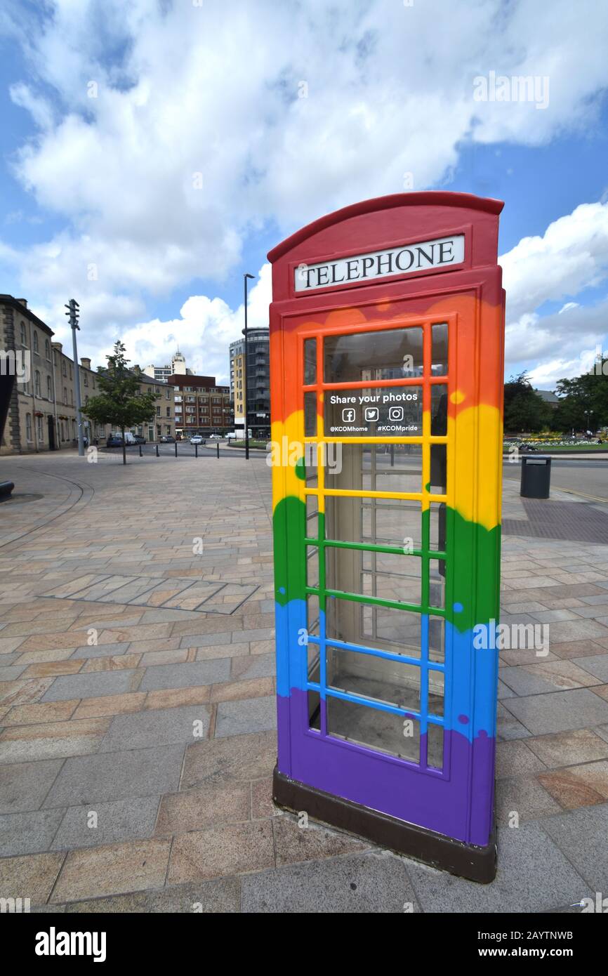EDITORIAL / HULL, YORKSHIRE, ENGLAND - AUG 2019 Rainbow painted phone ...