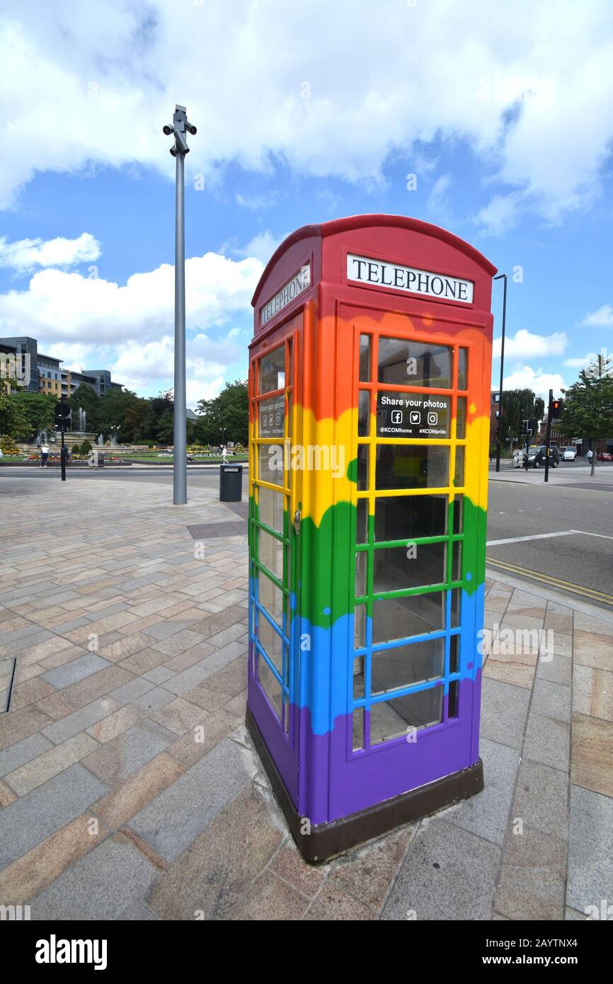 EDITORIAL / HULL, YORKSHIRE, ENGLAND - AUG 2019 Rainbow painted phone ...