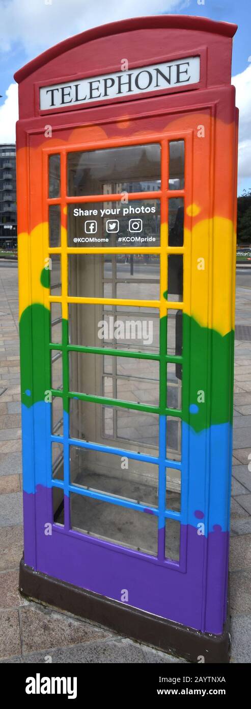 EDITORIAL / HULL, YORKSHIRE, ENGLAND - AUG 2019 Rainbow painted phone ...