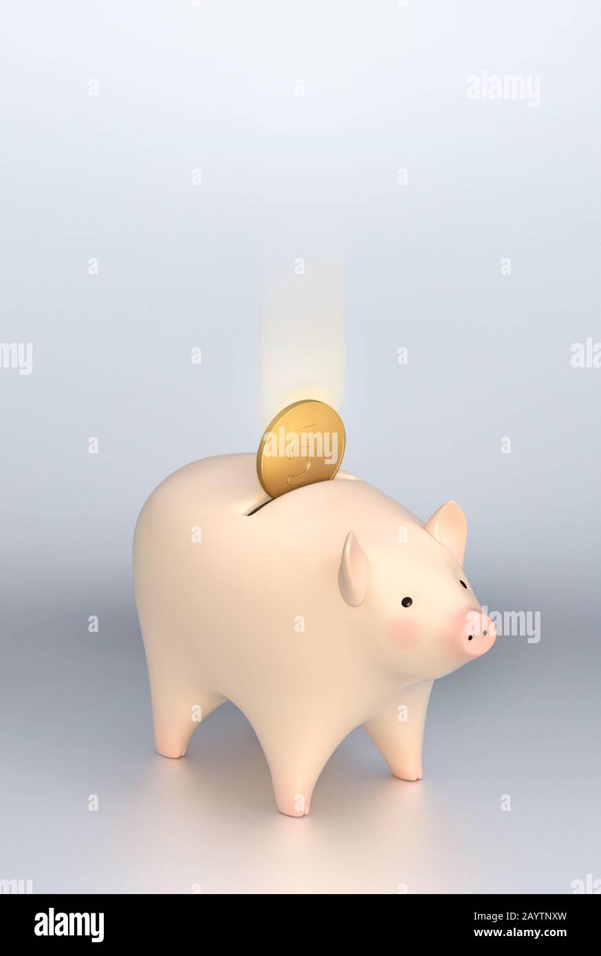 Pink piggy bank, with gold coin falling into slot. Isolated path on ...