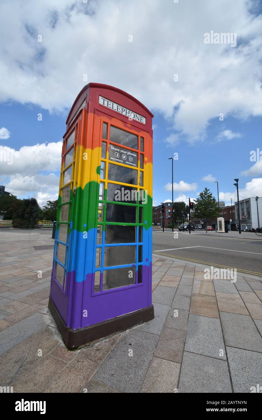 EDITORIAL / HULL, YORKSHIRE, ENGLAND - AUG 2019 Rainbow painted phone ...