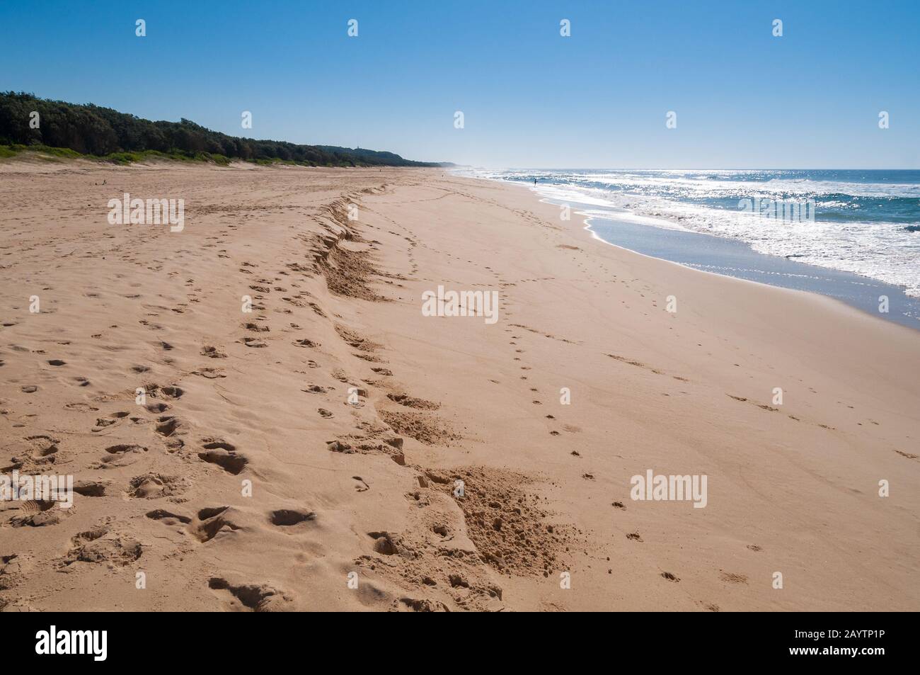 Epic seascape view with long empty beach with yellow sand and mild ...