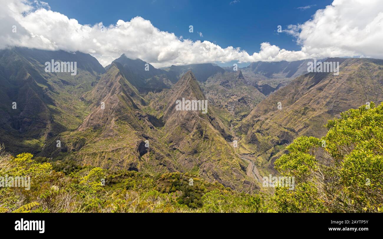 View from Cape Noir into the crater Cirque de Mafate at island La ...
