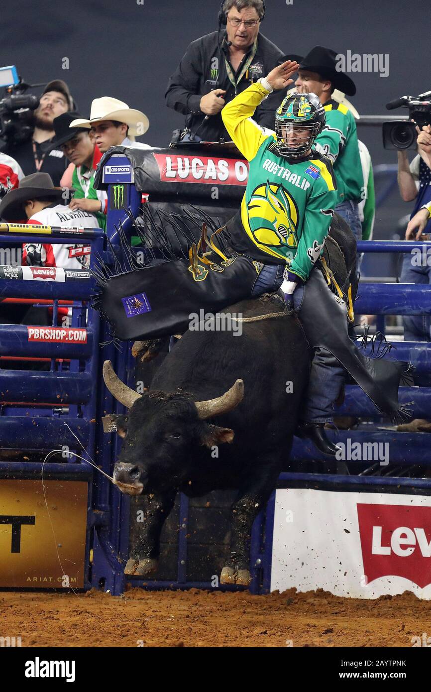Arlington, Texas, USA. 16th Feb 2020. Troy Wilkinson (AUS) rides bull ...