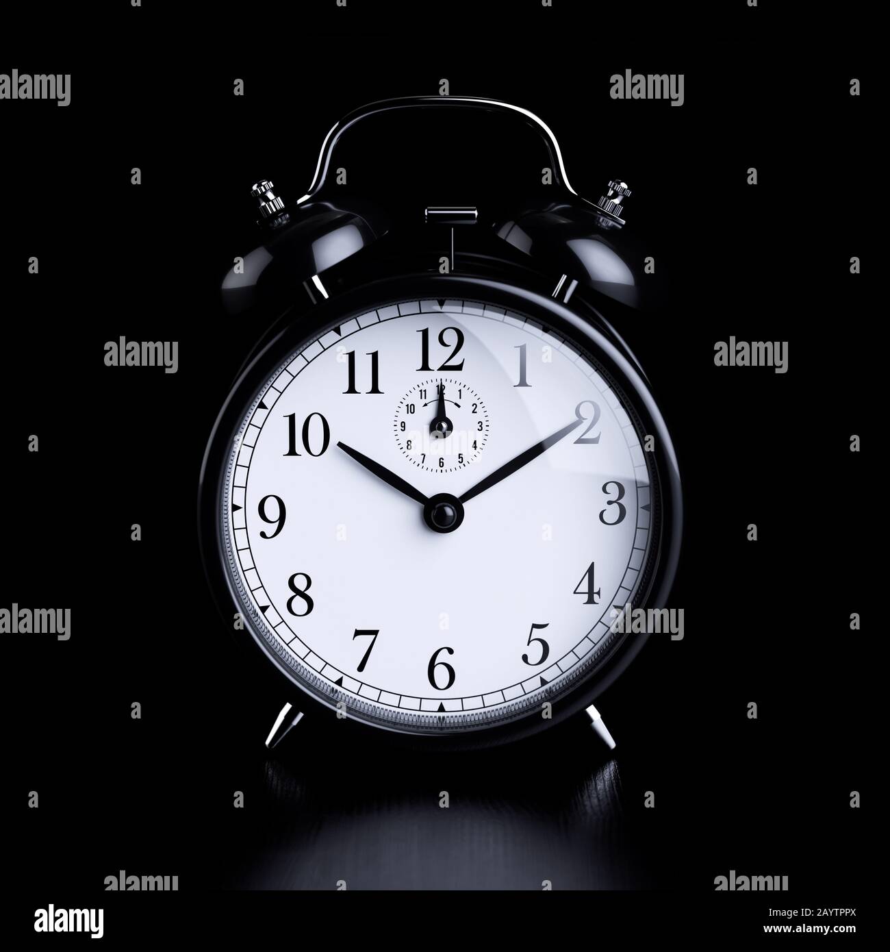 Classic black table clock isolated on a black background. 3d render ...
