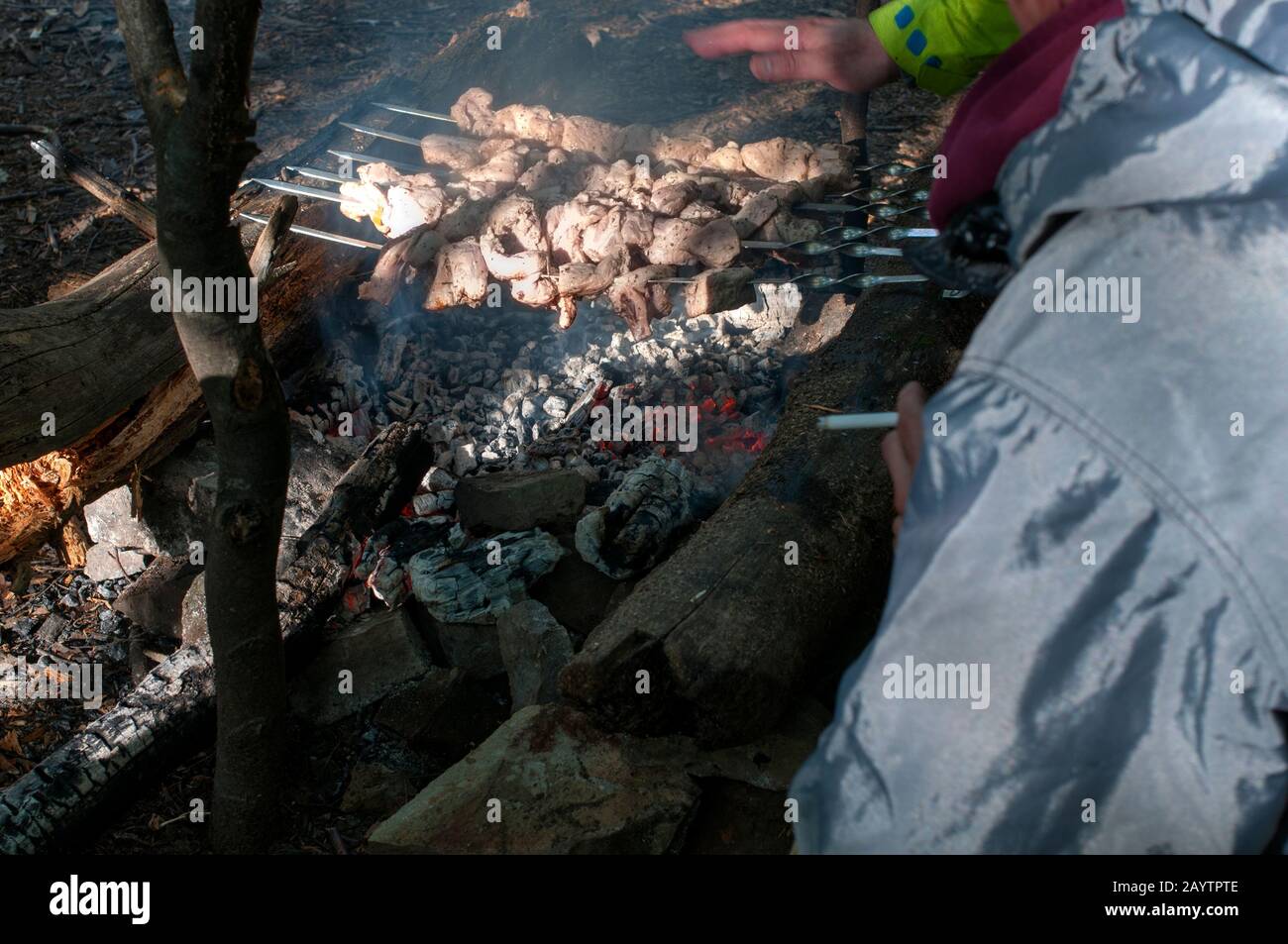 frying fried meat on fire in the woods Stock Photo - Alamy