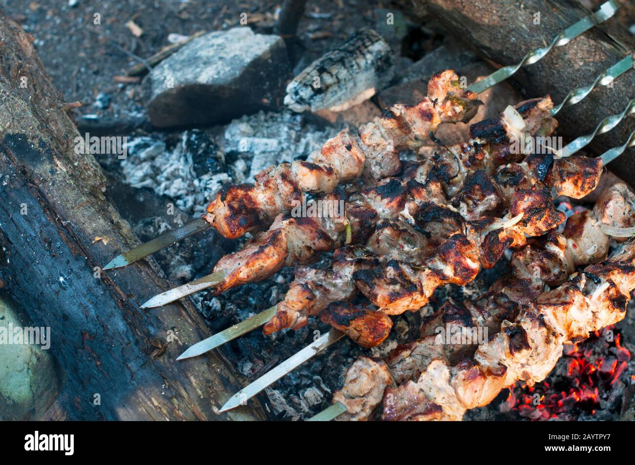 frying fried meat on fire in the woods Stock Photo - Alamy