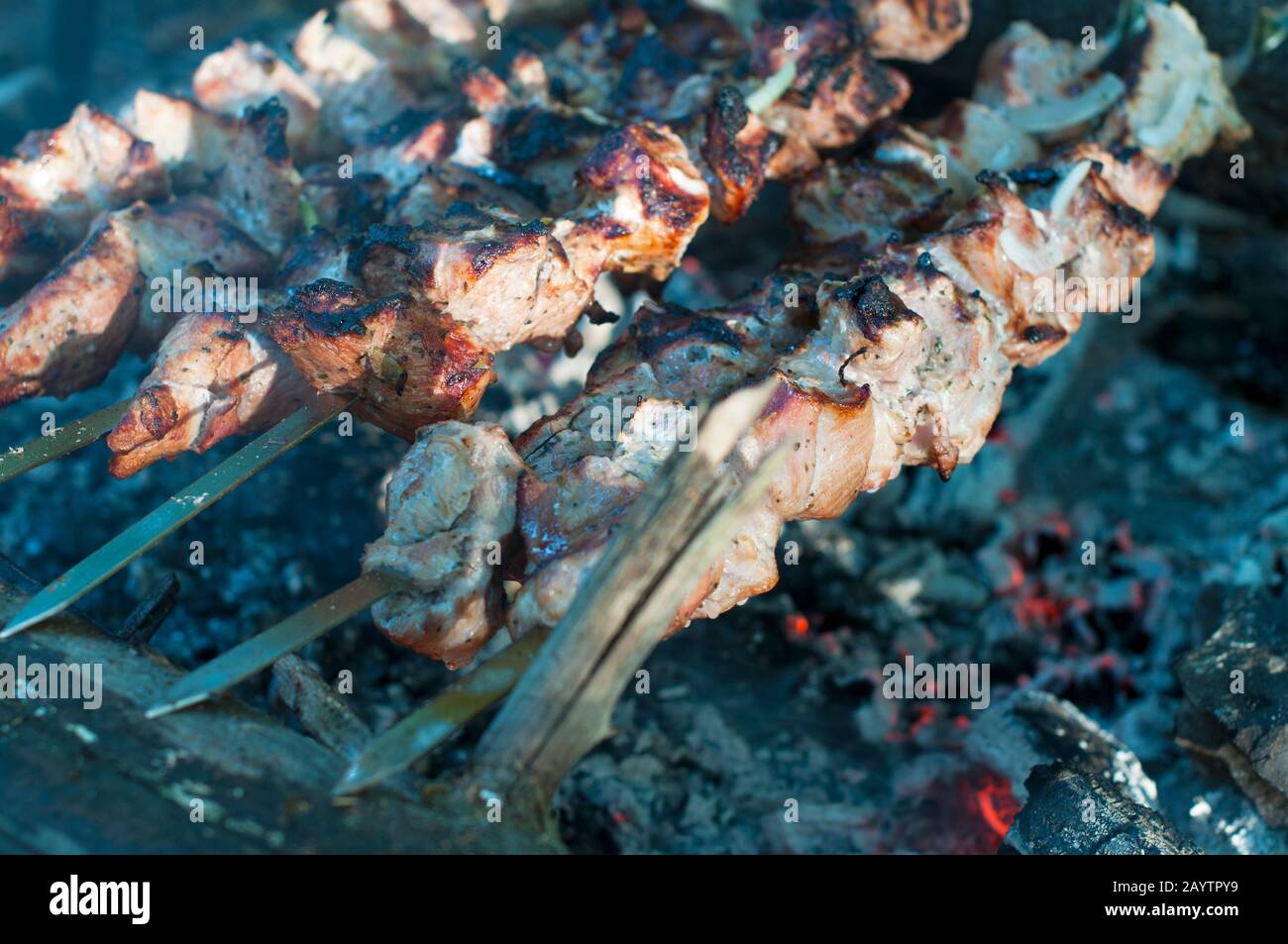 frying fried meat on fire in the woods Stock Photo - Alamy