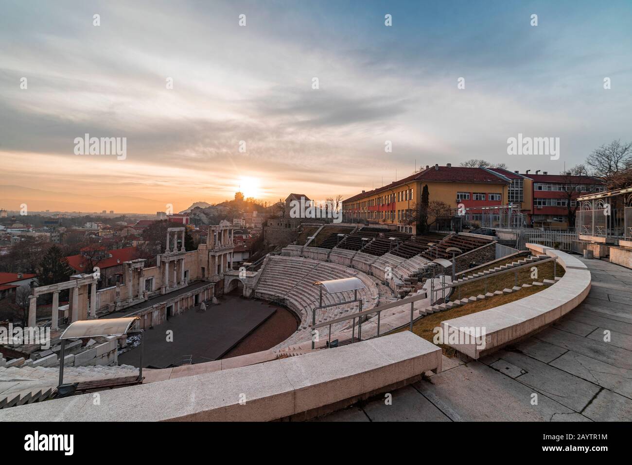 Bulgaria, Plovdiv city. Warm sunset panorama over Roman Amphitheatre in ...