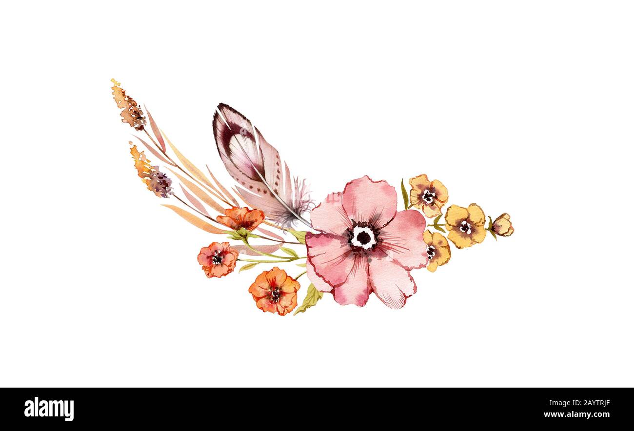 Watercolor rustic floral composition. Pink and golden wild flowers ...