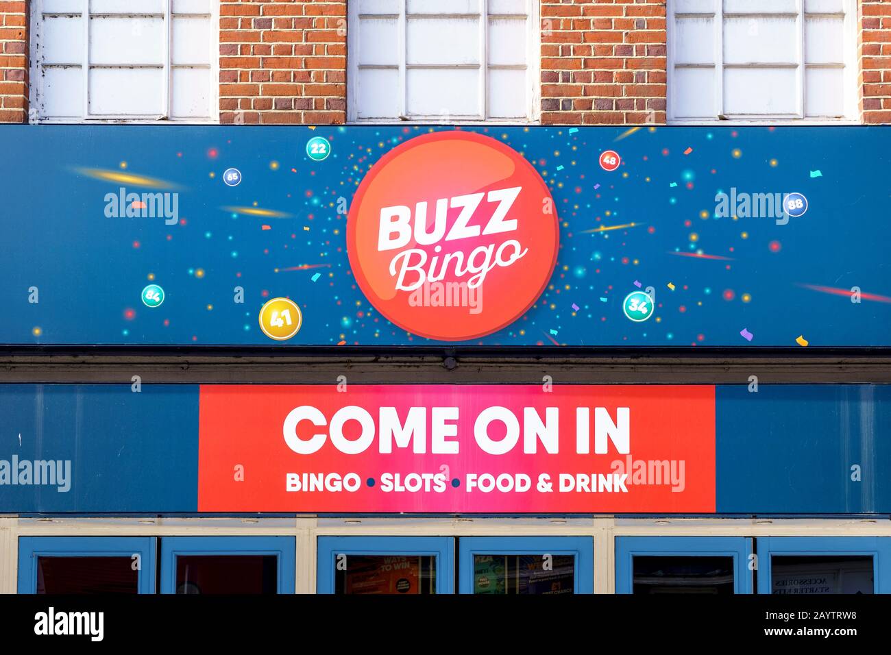 Signs above advertising Bingo games and food and drink above entrance ...