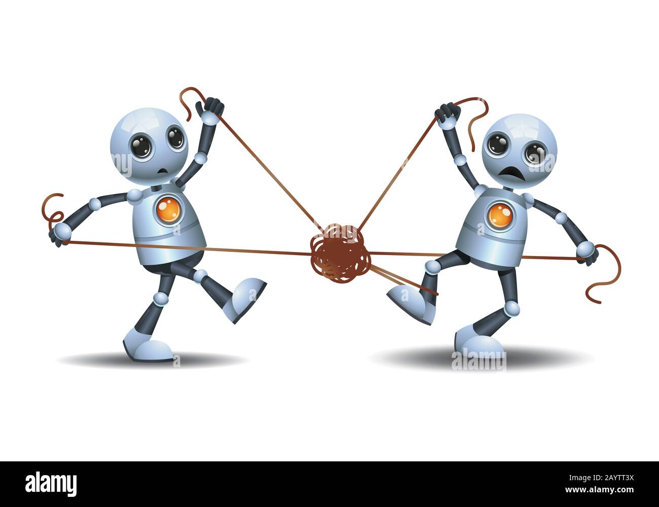 3d illustration of two little robot holding tangled wire on isolated ...