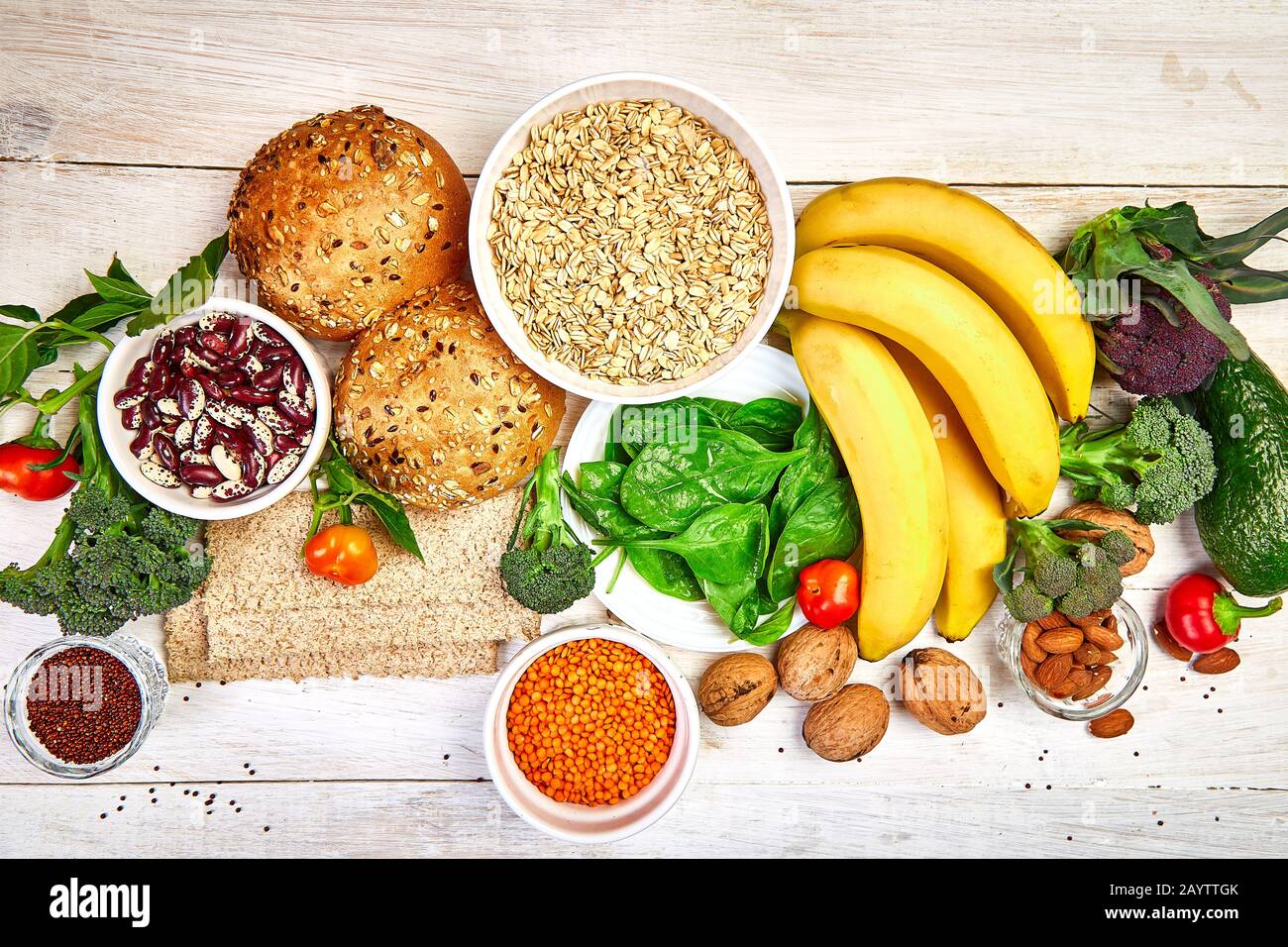 Selection food rich in fiber on white wooden background, Healthy diet ...