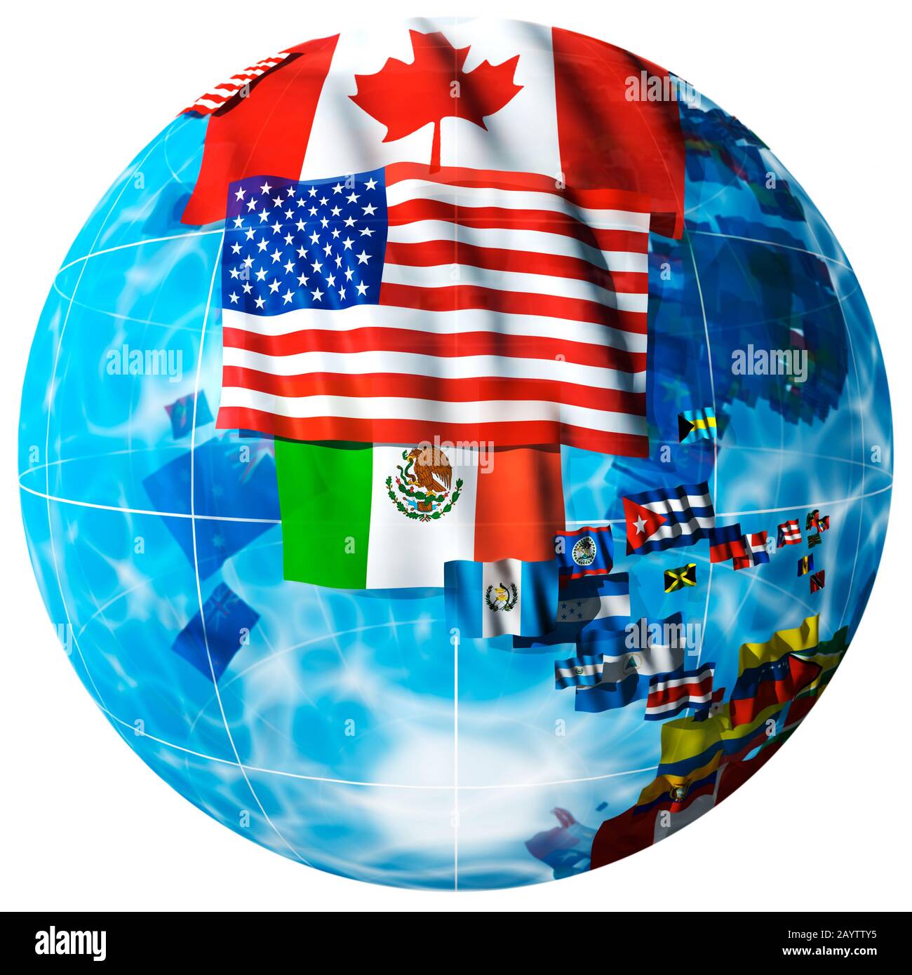 Flags of the world in the shape of a globe. America Viewpoint. White ...