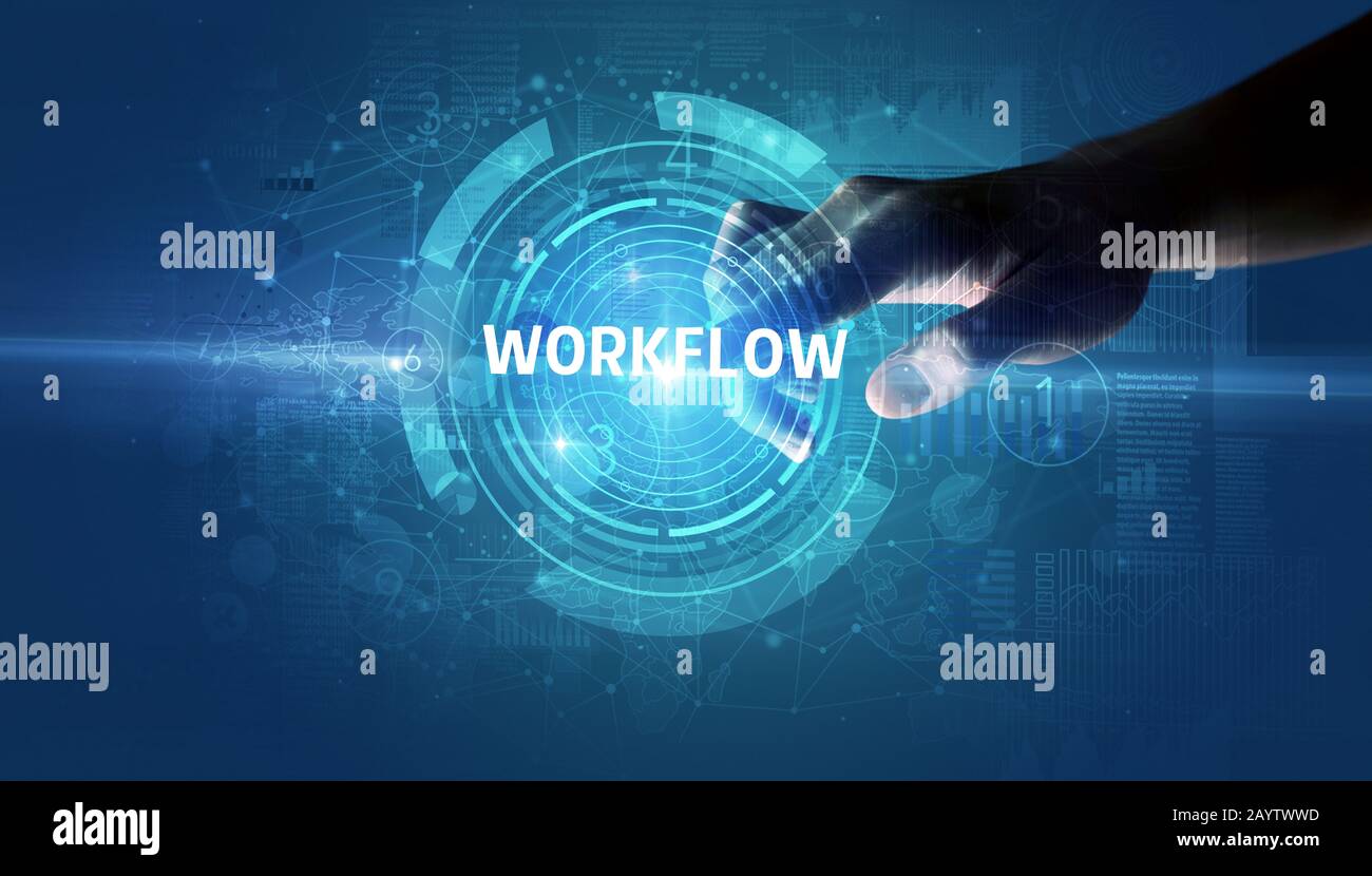 Hand touching WORKFLOW button, modern business technology concept Stock ...