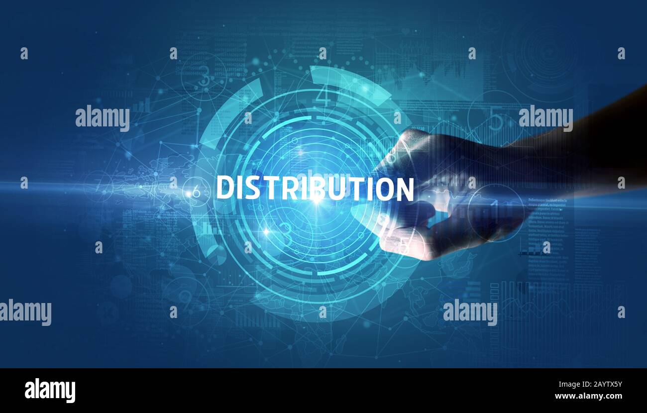 Hand touching DISTRIBUTION button, modern business technology concept ...