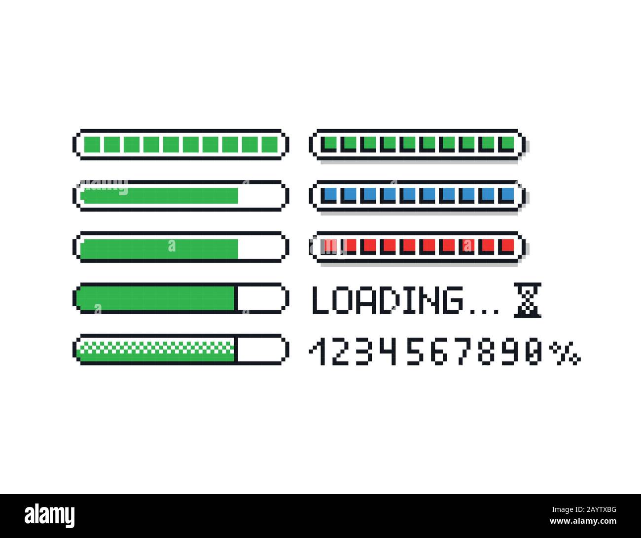 Pixel art vector illustration set - 8 bit retro style loading indicator bars, percent numbers ...