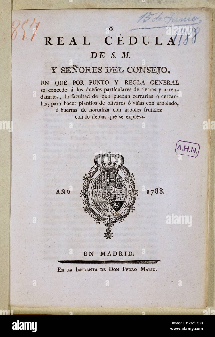 REAL CEDULA DE SU MAJESTAD Y SEÑORES DEL CONSEJO PARA PODER CERCAR ...
