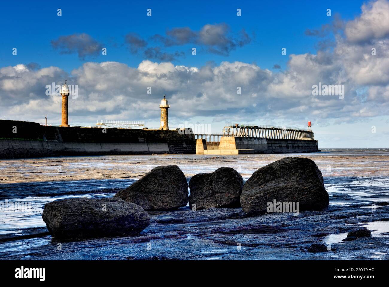 Whitby lighthouses at low tide north yorkshire coast england uk Stock ...