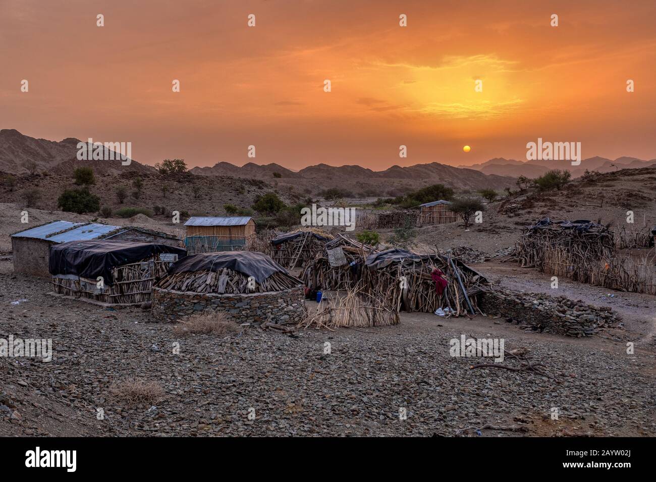 orange sunrise landscape near danakil depression in Afar region. In ...