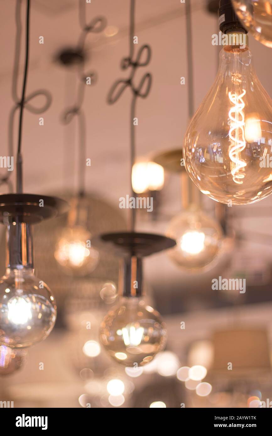 LED modern lights and bulbs on display in store lighting department ...