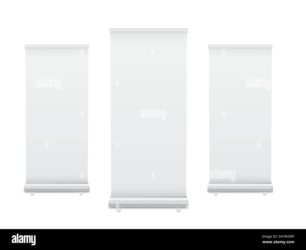 Realistic 3D vertical roll up banner stand template design. Isolated ...