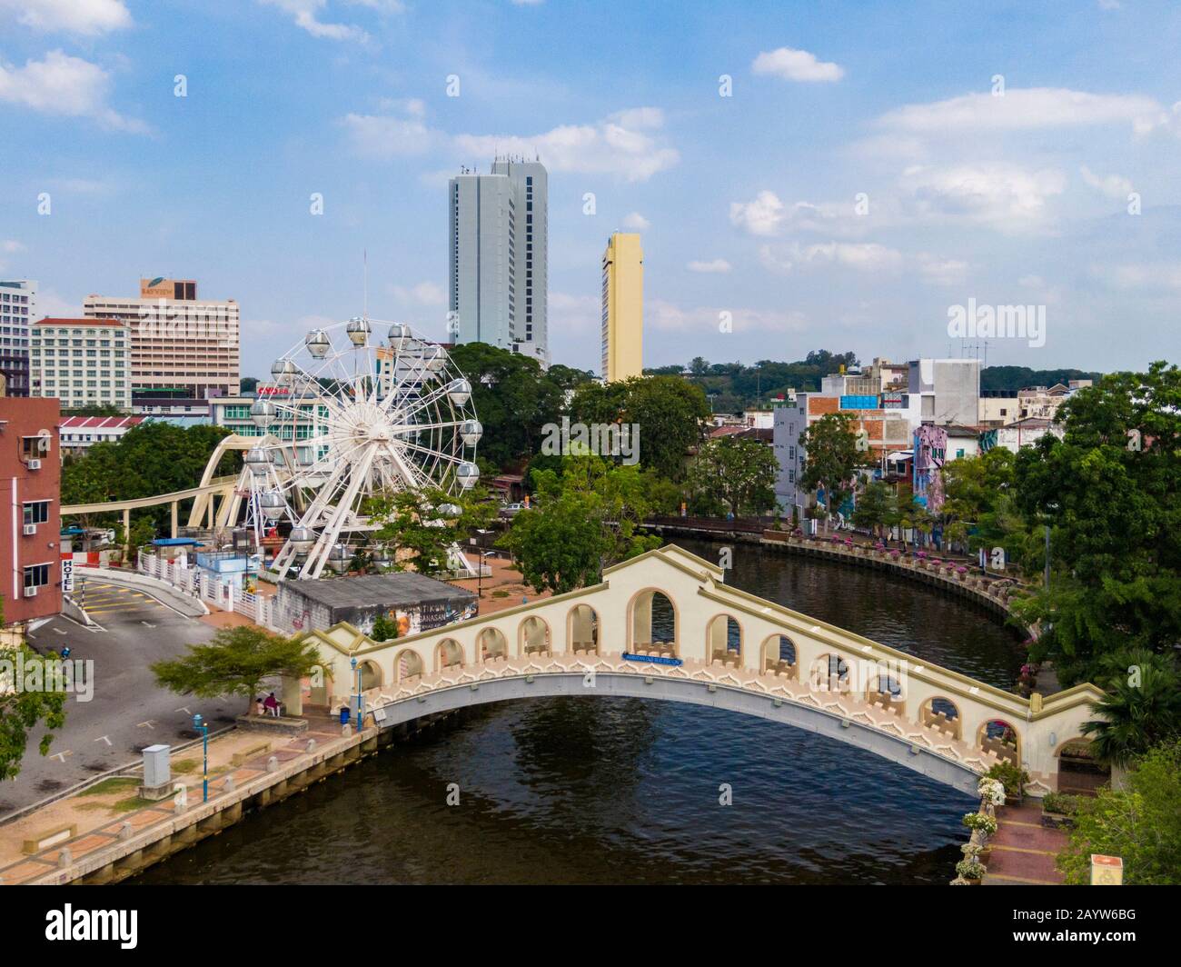 Aerial view of historic pedestrian Jambatan Bus Station Bridge over ...