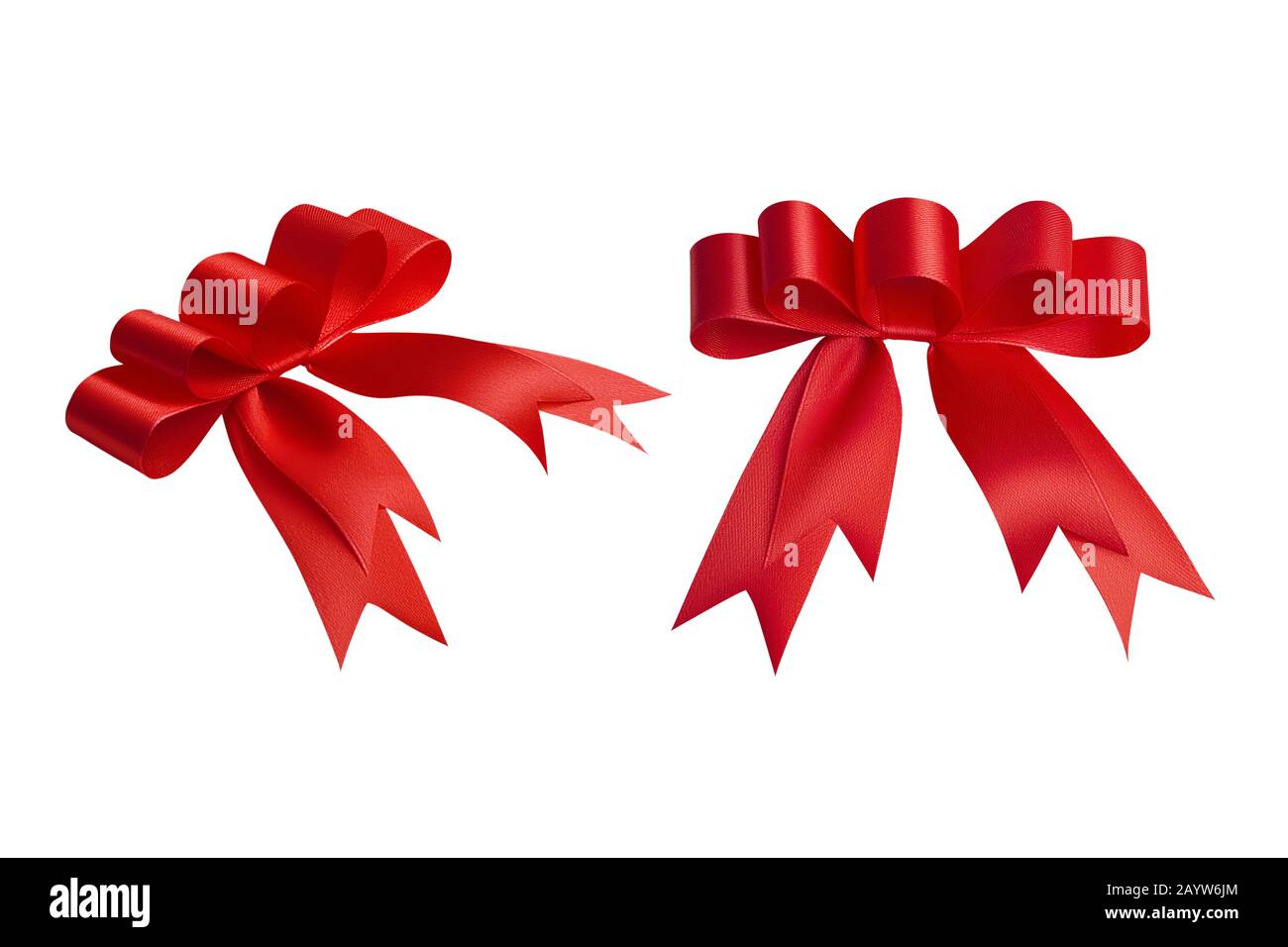 A set of two identical red holiday gift bows made of red satin ribbon ...