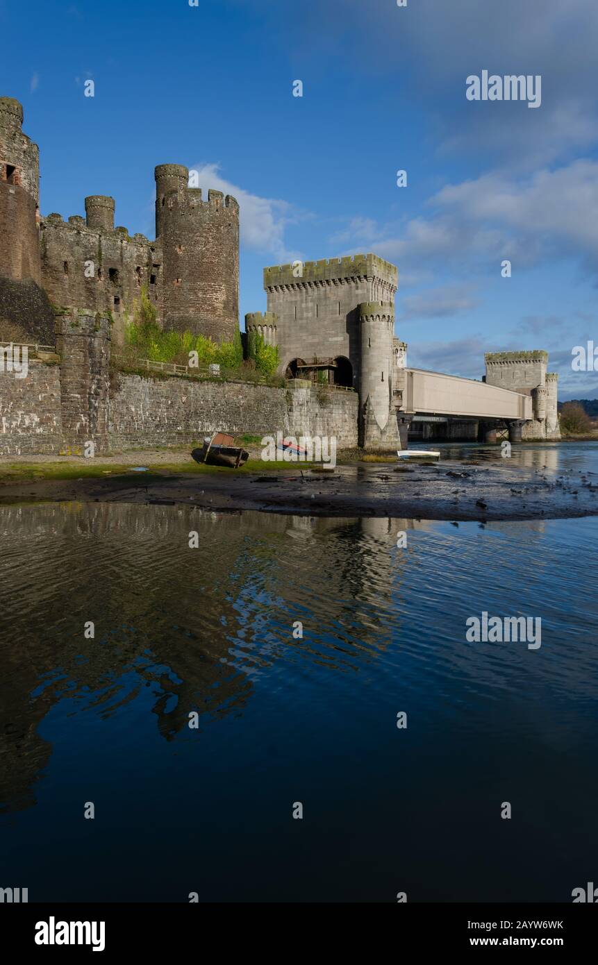 The metal box railway bridge at the side of Conwy Castle crosses the ...