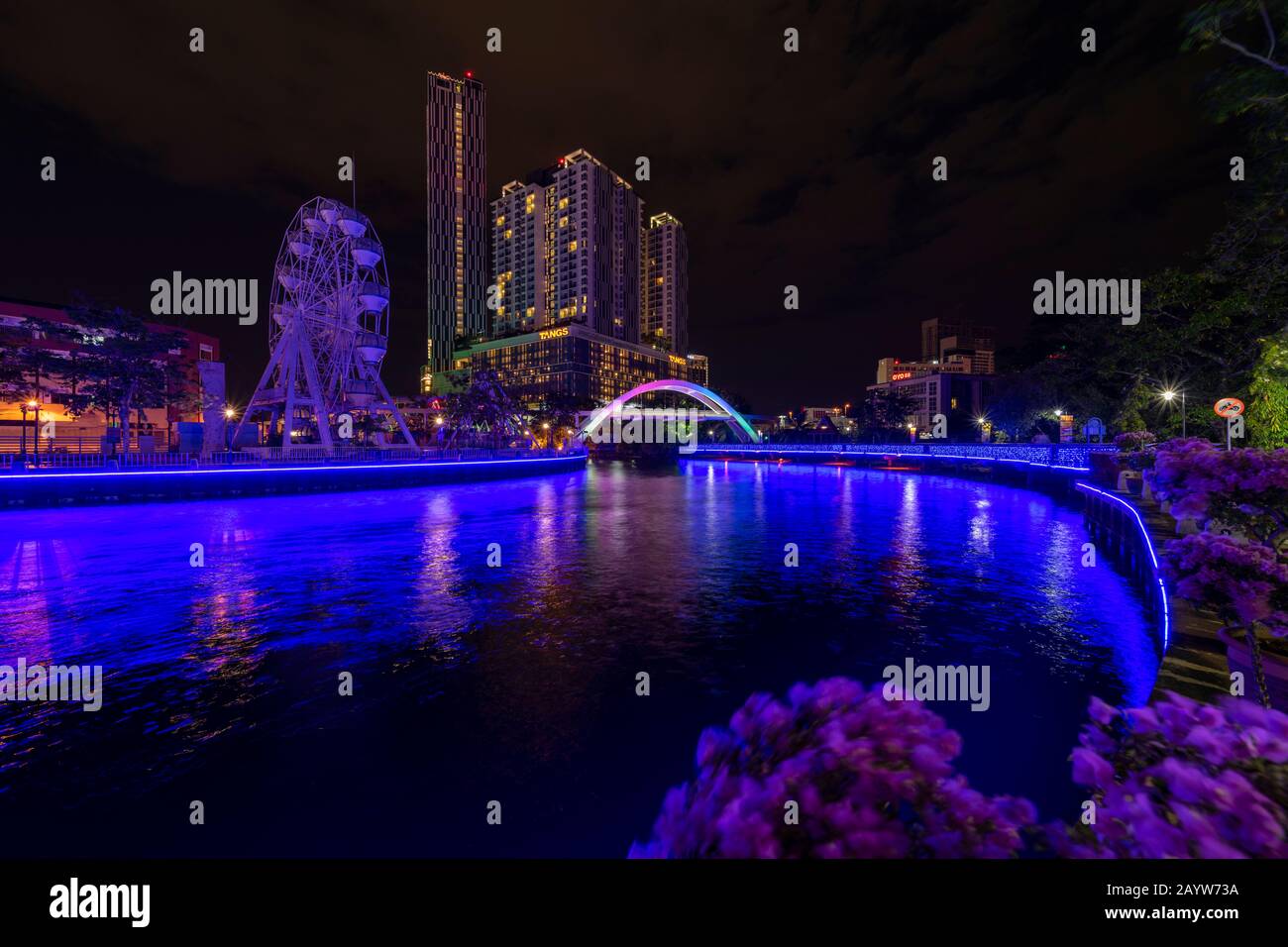 Night view of the Melaka River overlooking the Jambatan Datuk Mohd Zin ...