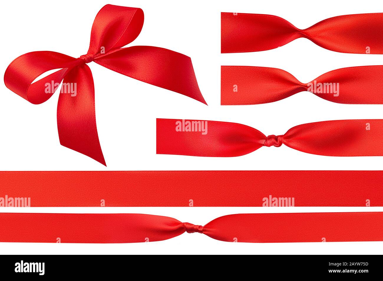 Side view of a bright red simple handmade bow and a set of red satin ...