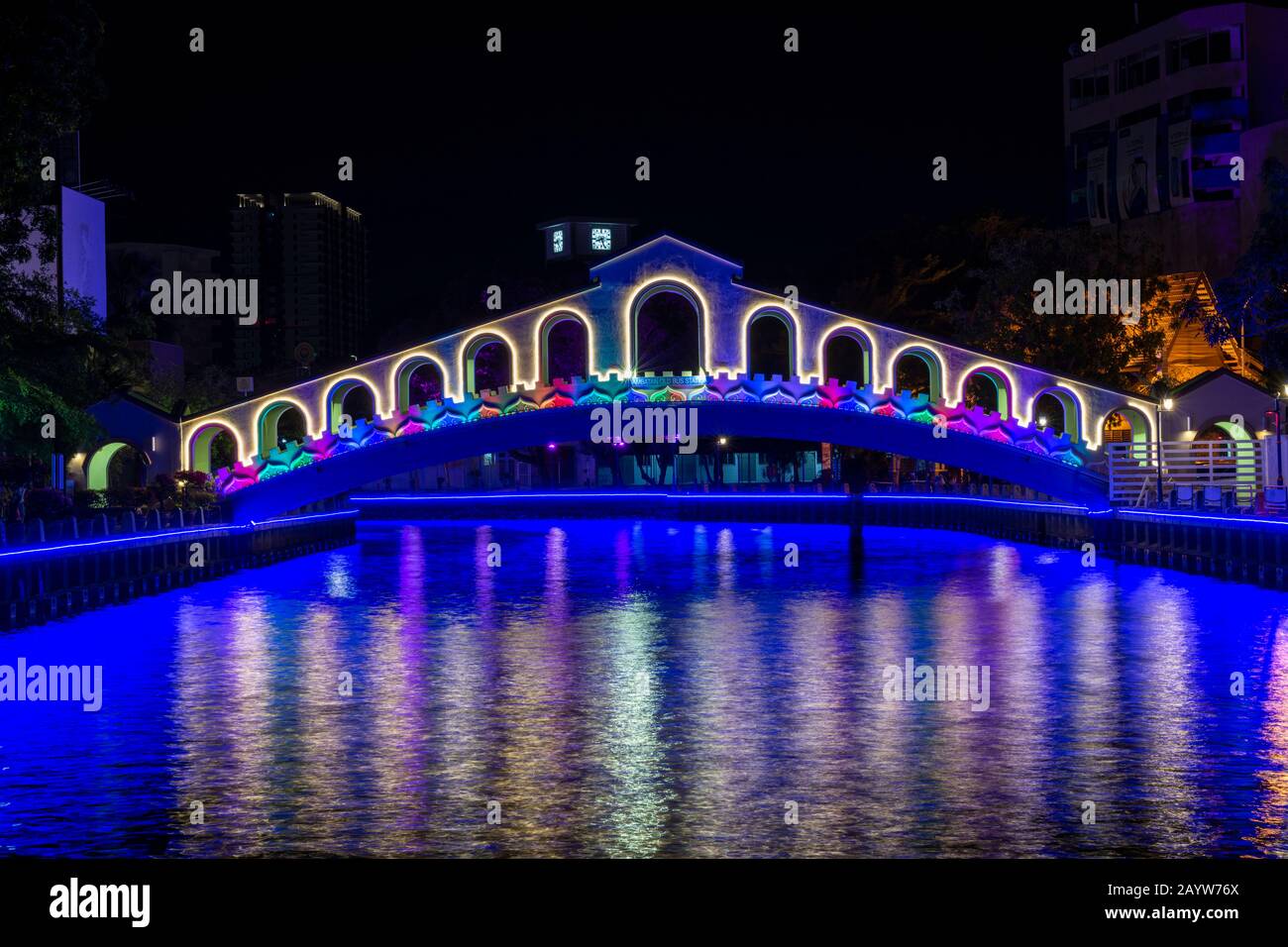Night view of Jambatan Old Bus Station bridge over Melaka River in ...