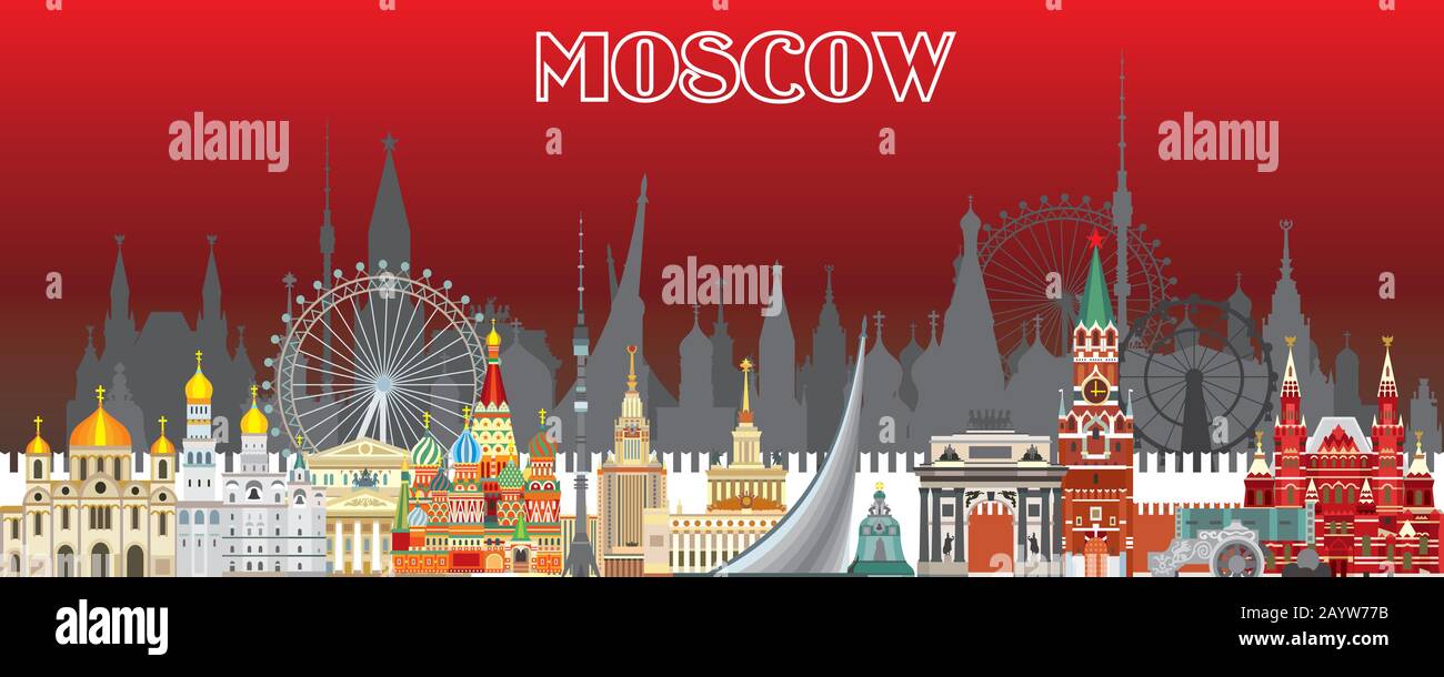 Panoramic Moscow skyline travel illustration with main architectural ...