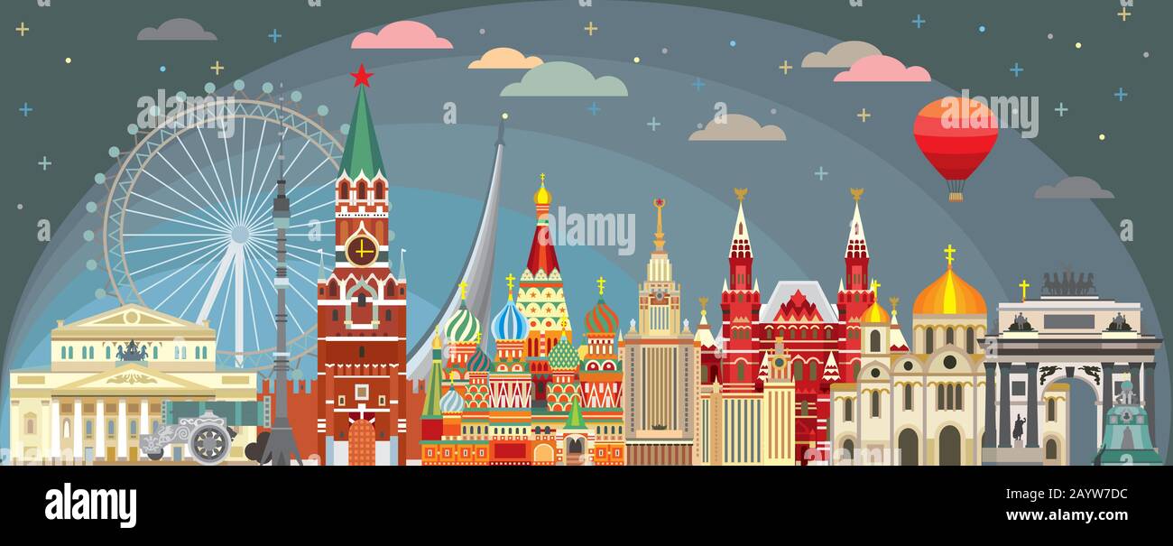 Panoramic vector colorful illustration of Moscow landmarks. Moscow city ...