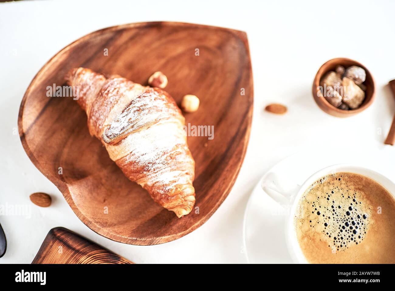 European breakfast, top view, coffee, croissants honey good morning ...