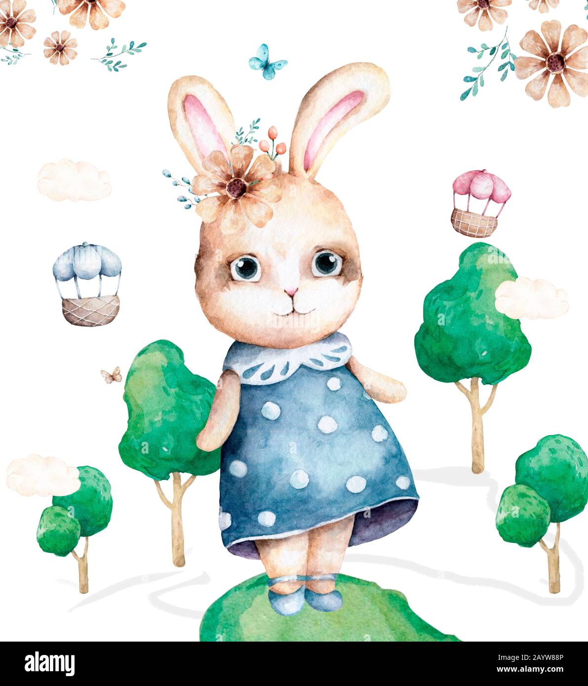 Cute bunny girl with flowers. Hand drawn watercolor bunny with floral ...