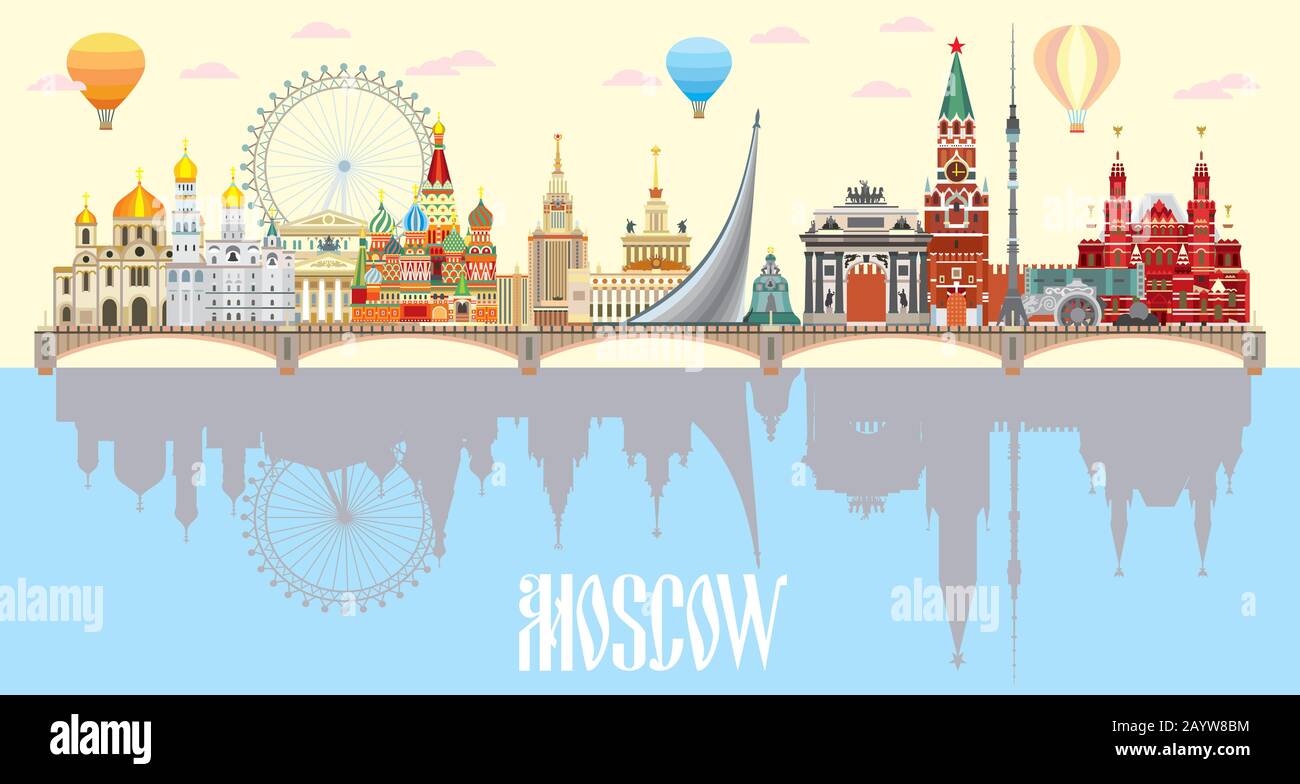 Panoramic Moscow skyline travel illustration with main architectural ...