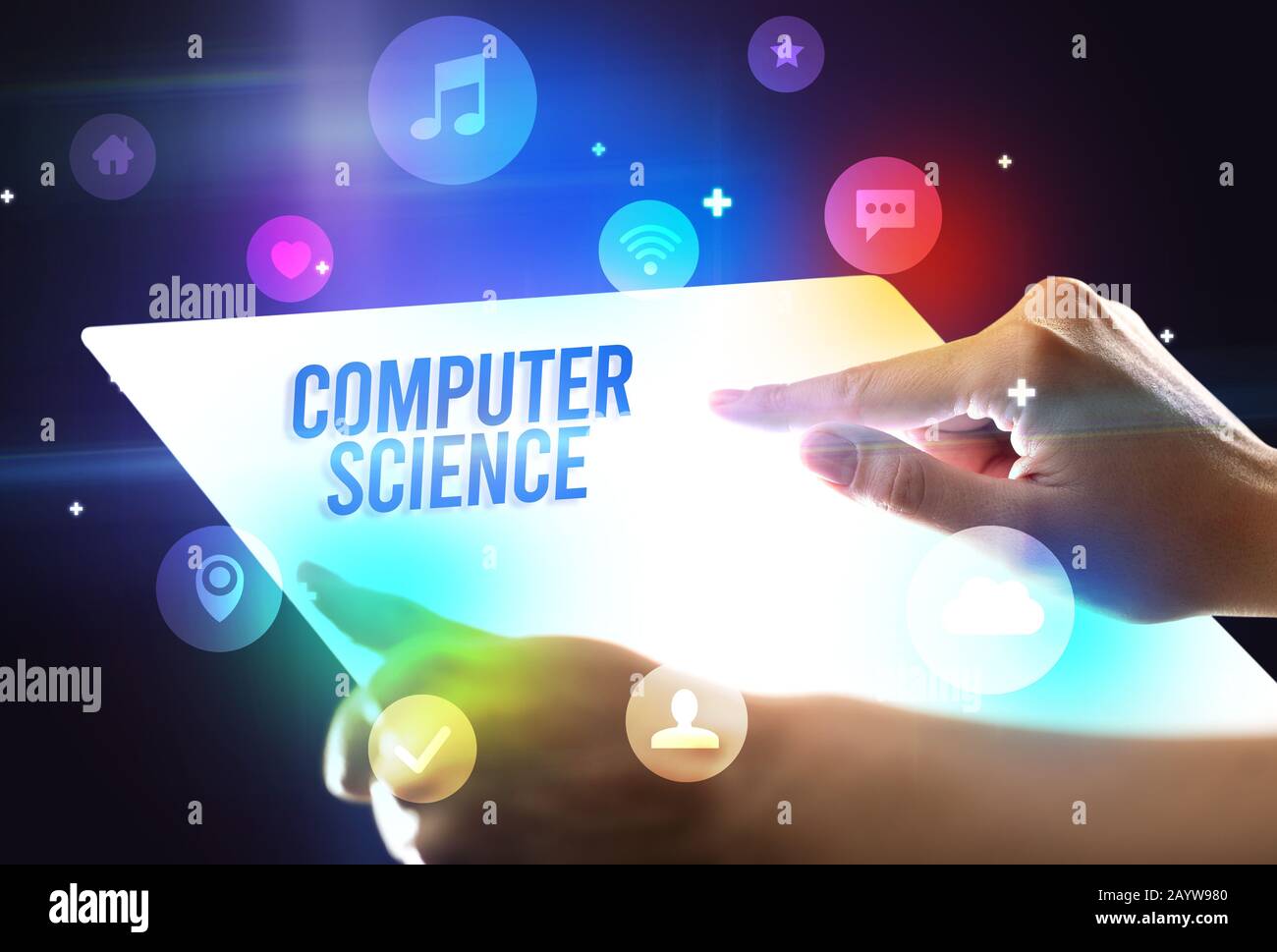 Holding futuristic tablet with COMPUTER SCIENCE inscription, new ...