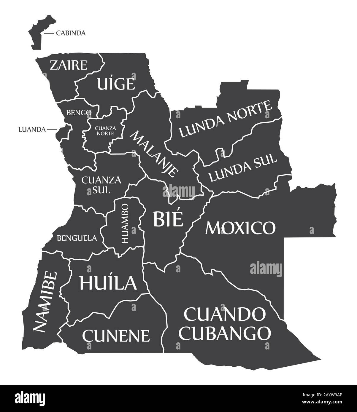 Angola map with provinces and labels black Stock Vector Image & Art - Alamy