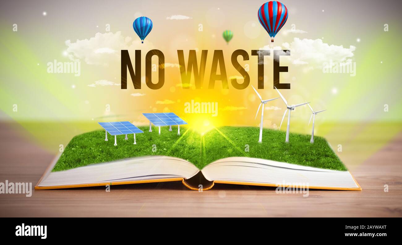 Open book with NO WASTE inscription, renewable energy concept Stock ...