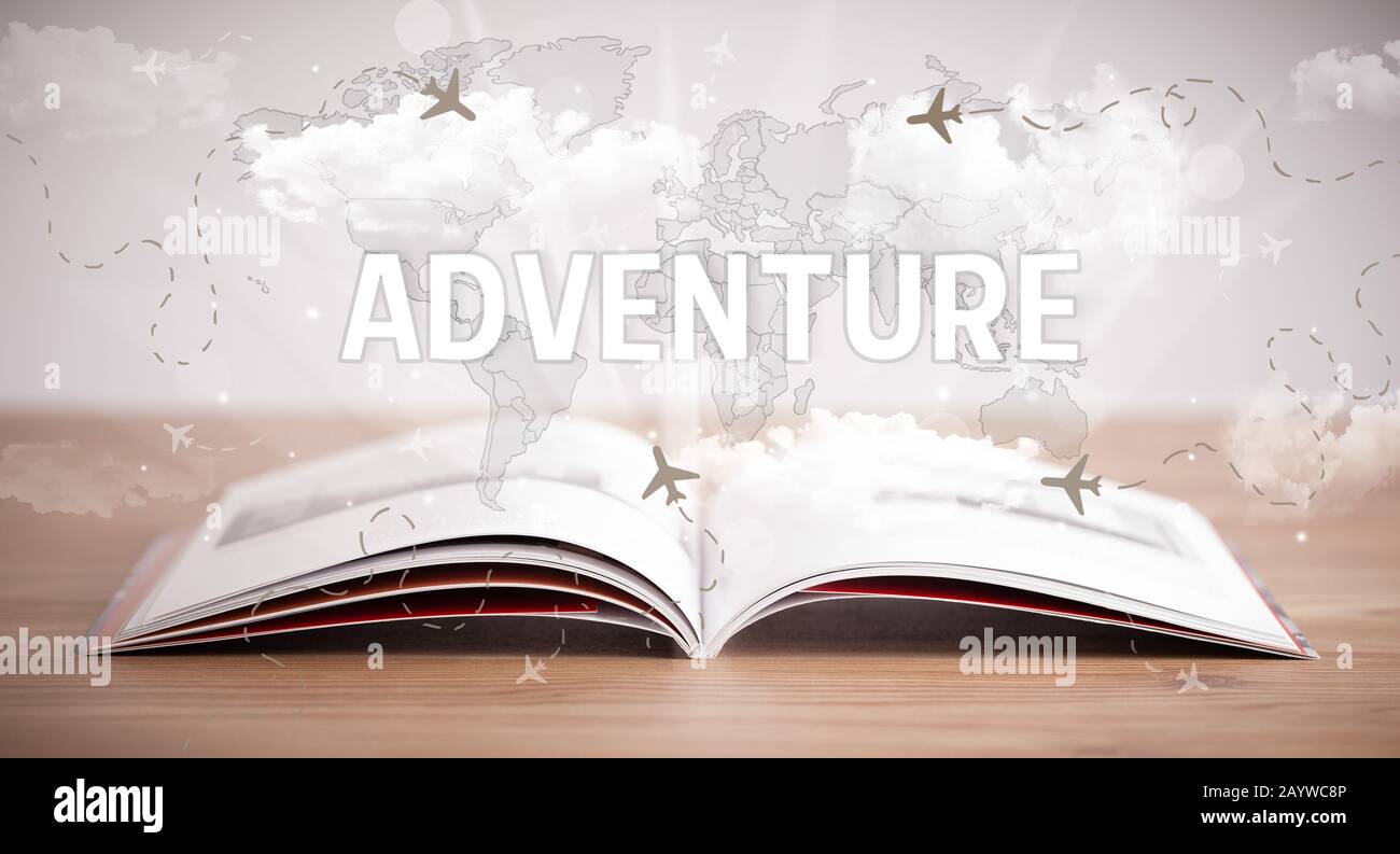 Open book with ADVENTURE inscription, vacation concept Stock Photo - Alamy